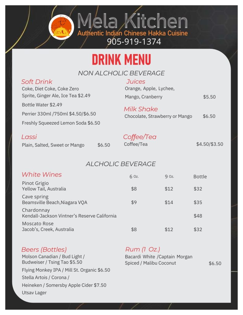 Menu - Mela Kitchen Authentic Indian Hakka and Chinese Cuisine Mississauga